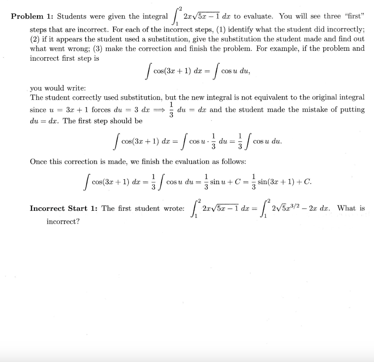 Solved 'roblem 1: Students were given the integral | Chegg.com