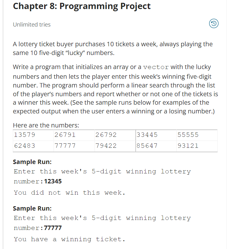 Solved Chapter 8: Programming Project Unlimited tries A | Chegg.com