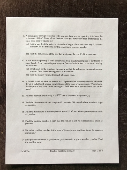 Solved 9. A rectangular storage container with a square base | Chegg.com