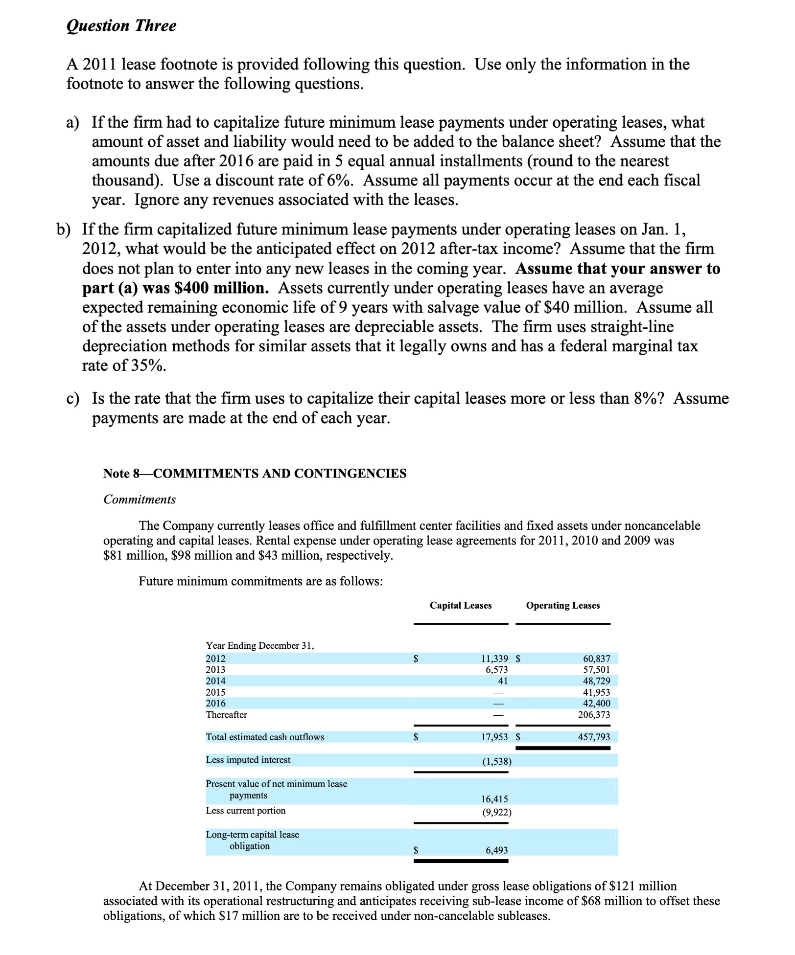 Solved Question Three A 2011 lease footnote is provided | Chegg.com