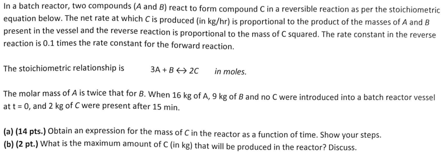 Solved In a batch reactor, two compounds (A and B) react to | Chegg.com