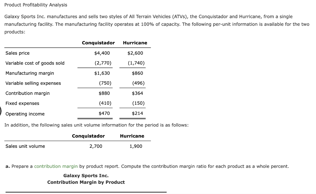 Solved Product Profitability Analysis Galaxy Sports Inc. | Chegg.com