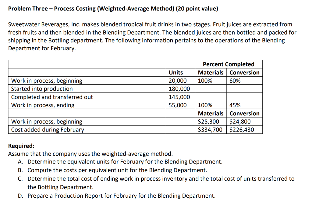 Solved Problem Three - Process Costing (Weighted-Average | Chegg.com