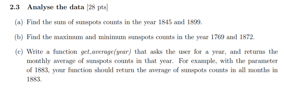 Solved 2.3 Analyse the data [28 pts] (a) Find the sum of | Chegg.com