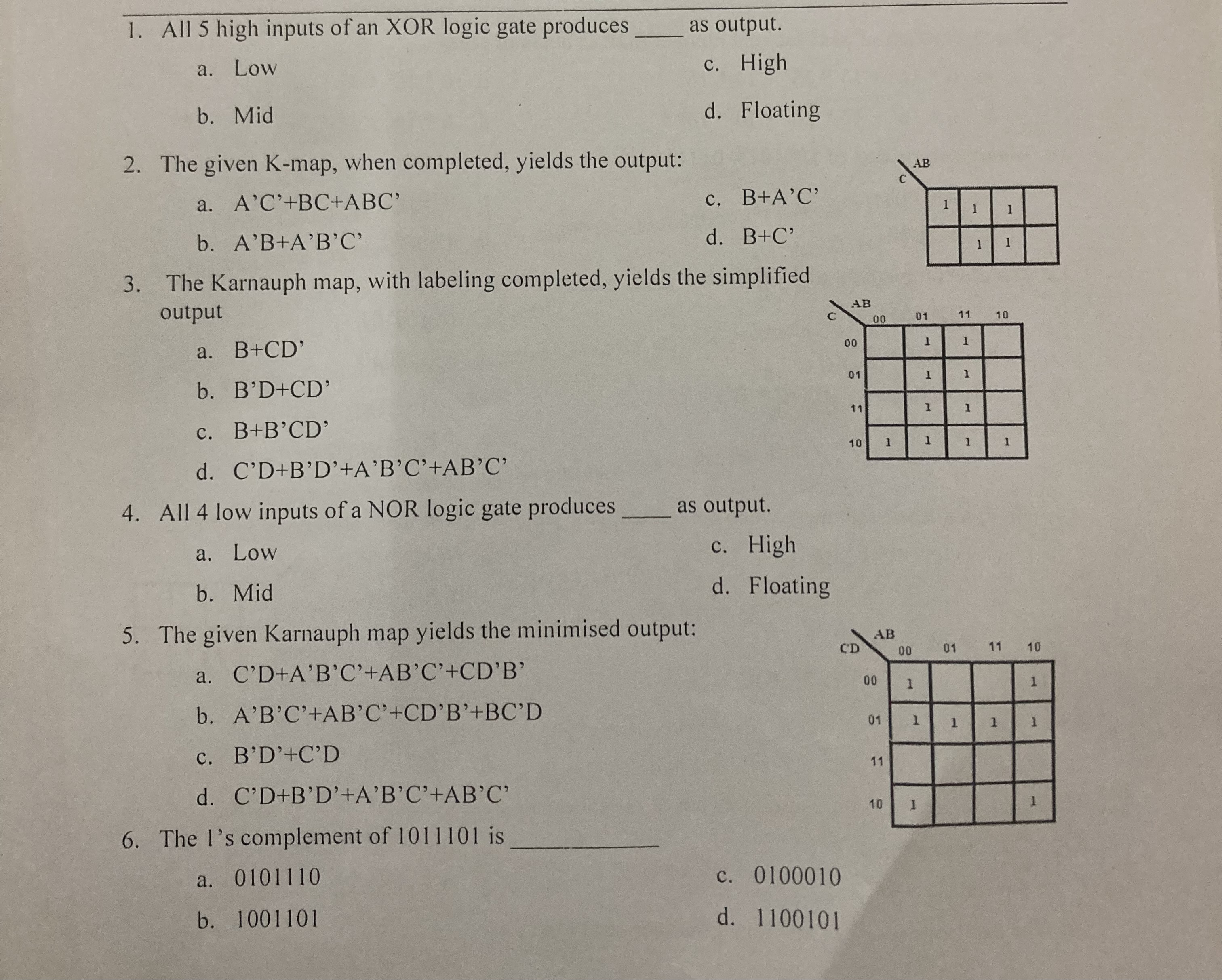 Solved 1. All 5 high inputs of an XOR logic gate produces as | Chegg.com