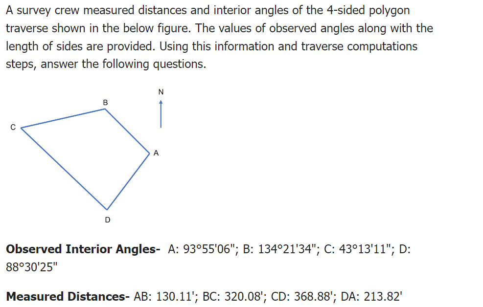 Solved A survey crew measured distances and interior angles | Chegg.com