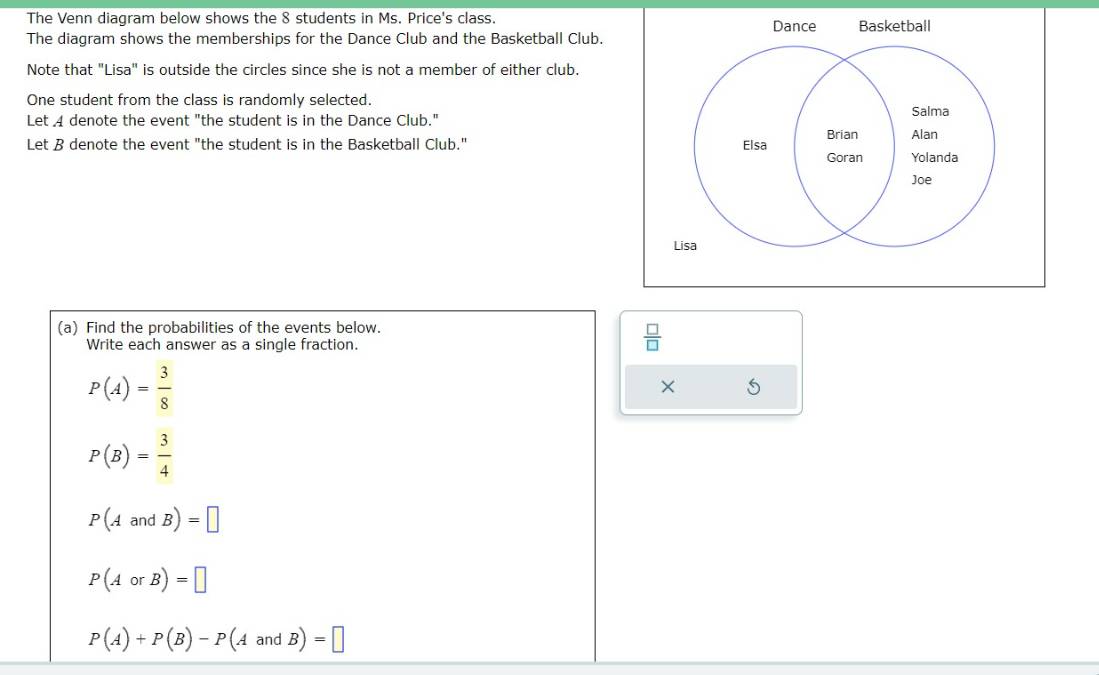 Solved The Venn diagram below shows the 8 students in Ms. | Chegg.com