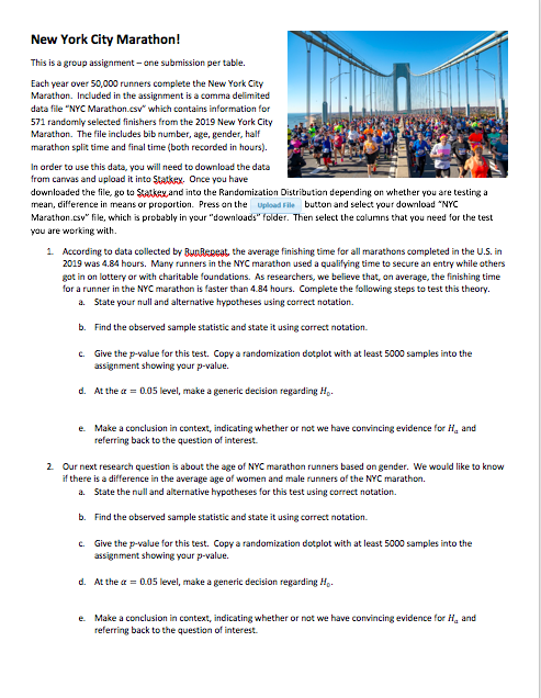 New York City Marathon! This is a group assignment - | Chegg.com