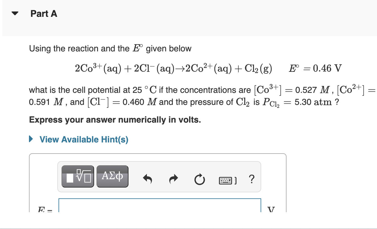 Solved Part A Using the reaction and the Eº given below O | Chegg.com
