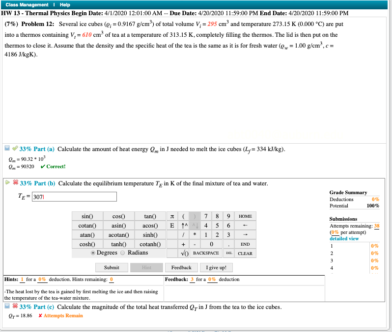 Solved Class Management | Help HW 13 - Thermal Physics Begin | Chegg.com