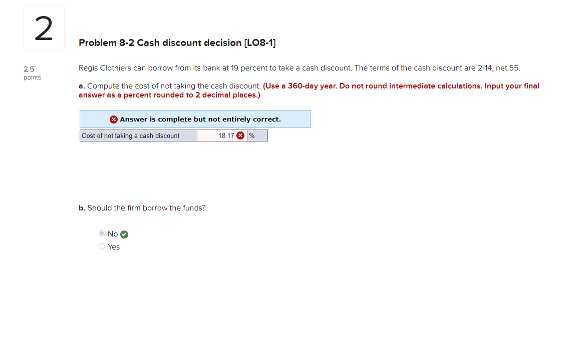 Solved Problem 8-2 Cash discount decision [LO8-1] Regis | Chegg.com