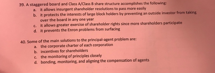 Solved 39. A staggered board and Class A/Class B share | Chegg.com