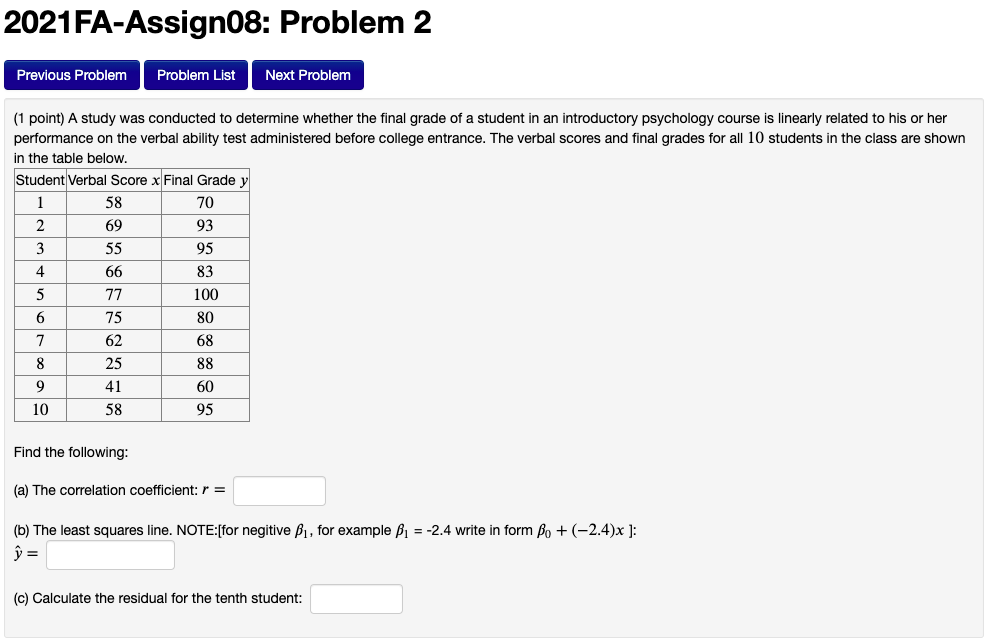 Solved 2021FA-Assign08: Problem 1 Previous Problem Problem | Chegg.com