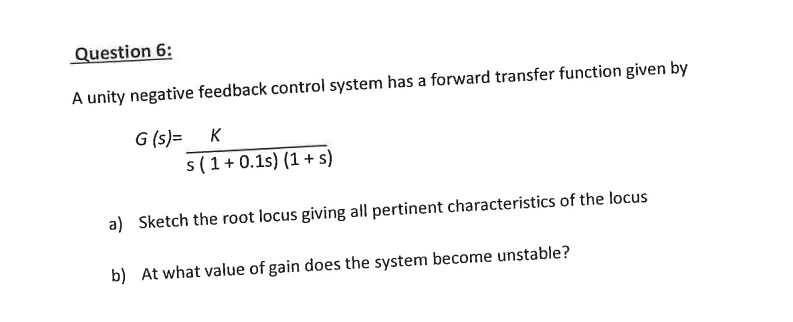 Solved Question 6: A unity negative feedback control system | Chegg.com
