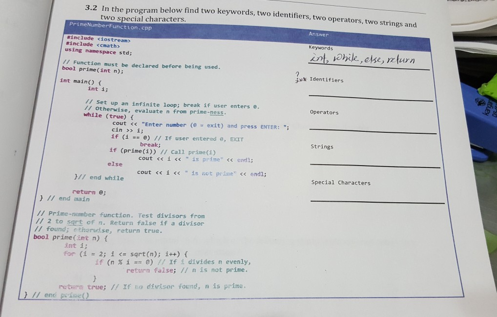 Solved 3.2 In the program below find two keywords, two | Chegg.com