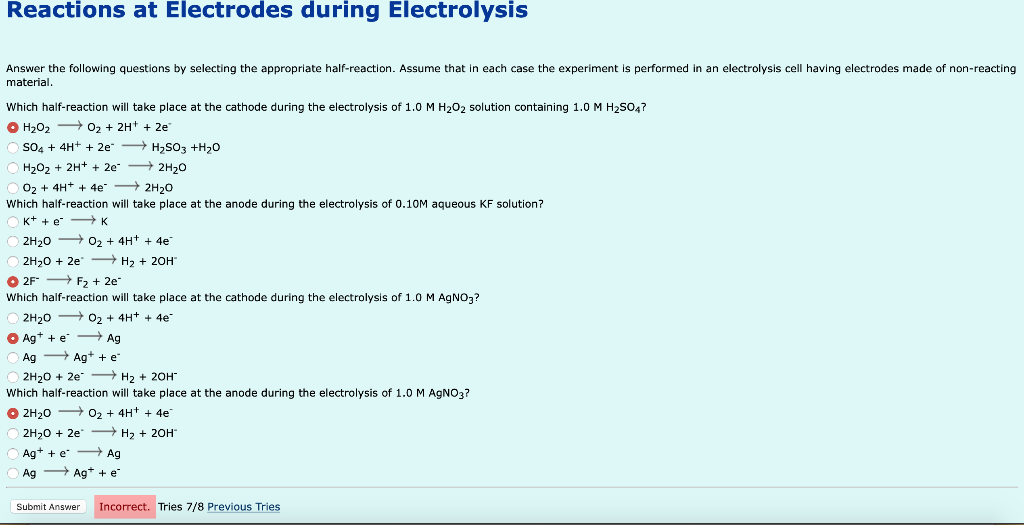 Solved Reactions at Electrodes during Electrolysis Answer | Chegg.com
