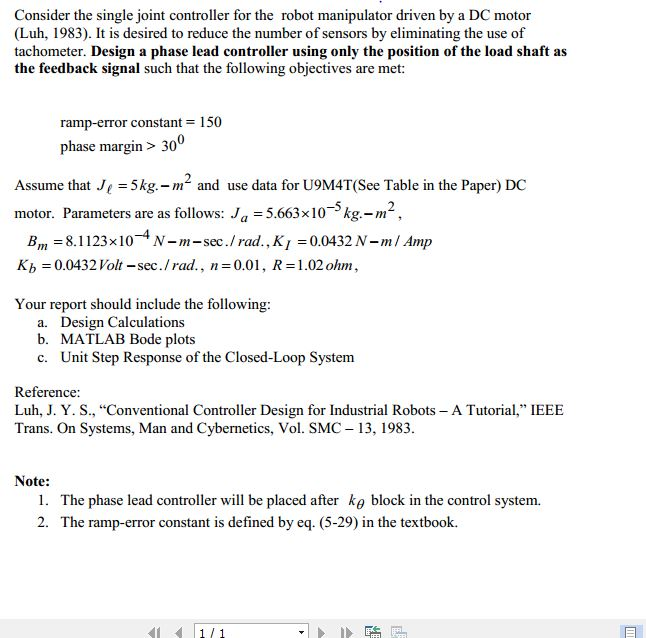 Consider the single joint controller for the robot | Chegg.com