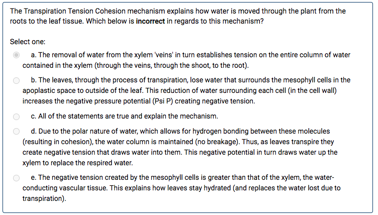 Solved The Transpiration Tension Cohesion mechanism explains | Chegg.com