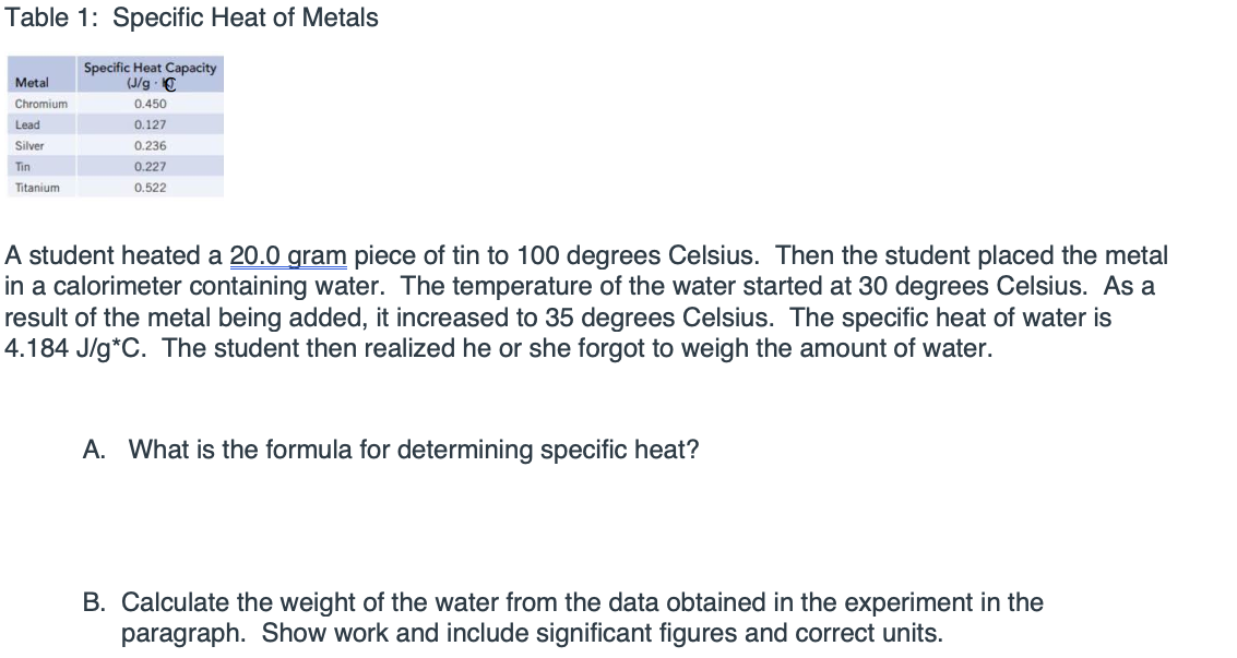 Solved Table 1: Specific Heat of Metals Metal Chromium Lead | Chegg.com