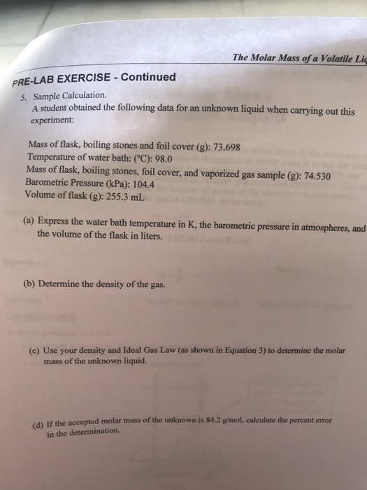 Solved The Molar Mass of a Volatile Lig PRE-LAB EXERCISE | Chegg.com