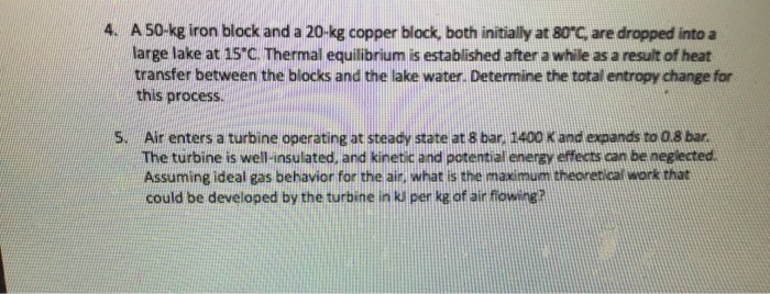 Solved 4. A50-kg iron block and a 20-kg copper block, both | Chegg.com