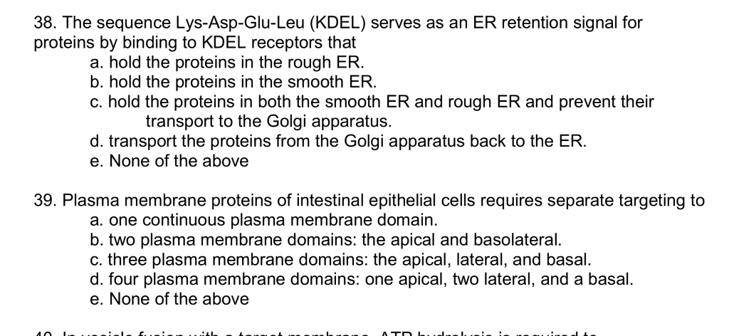 Solved 38. The sequence Lys-Asp-Glu-Leu (KDEL) serves as an | Chegg.com