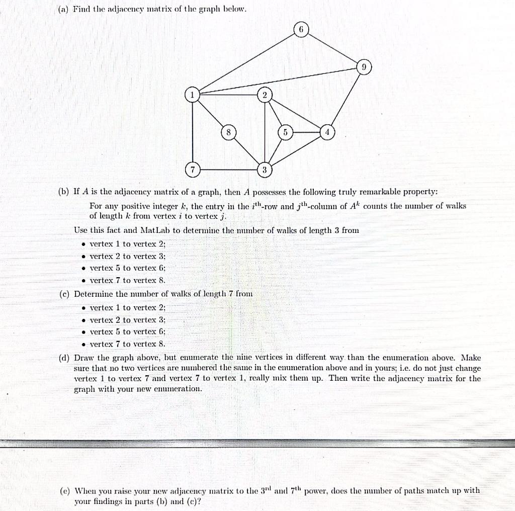 (a) Find the adjacency matrix of the graph below. (b) | Chegg.com