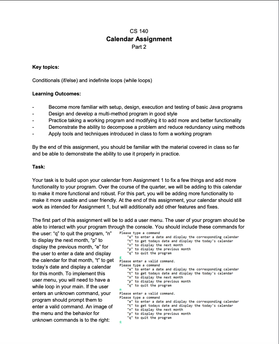 Solved CS 140 Calendar Assignment Part 2 Key topics: | Chegg.com