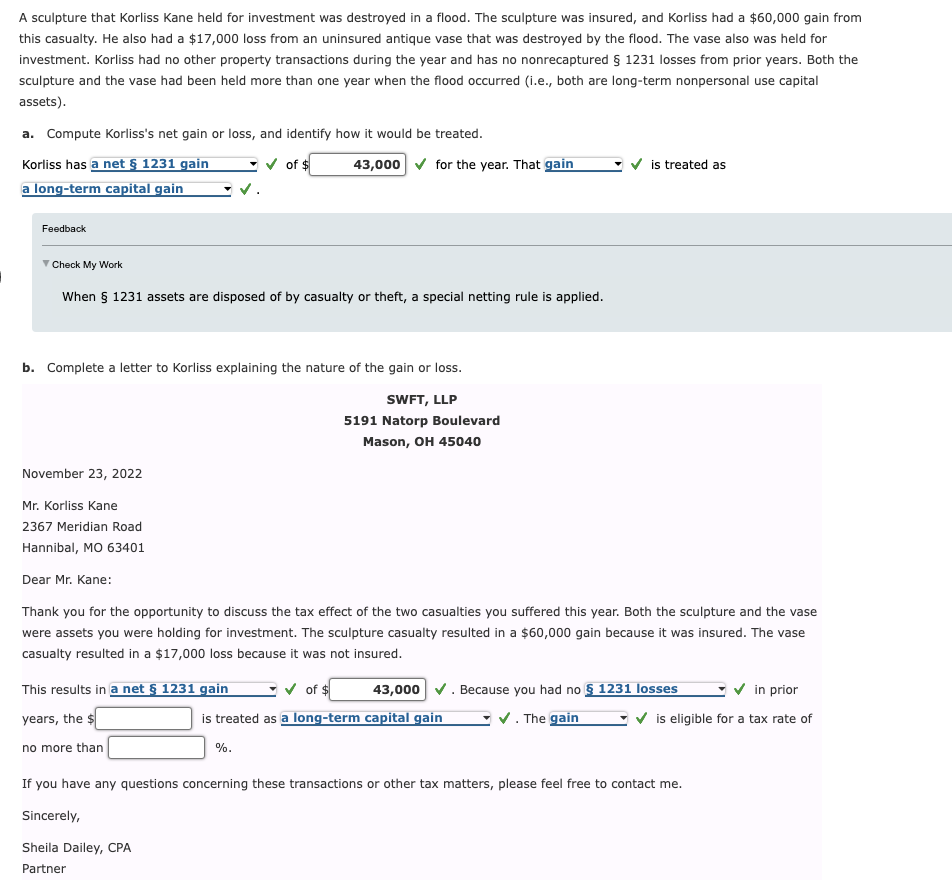 A sculpture that Korliss Kane held for investment was | Chegg.com