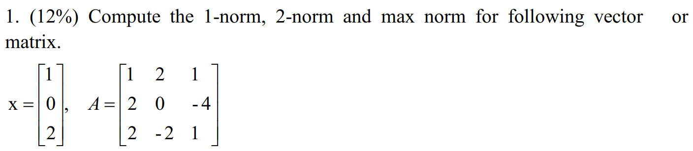 Solved or 1. (12%) Compute the 1-norm, 2-norm and max norm | Chegg.com