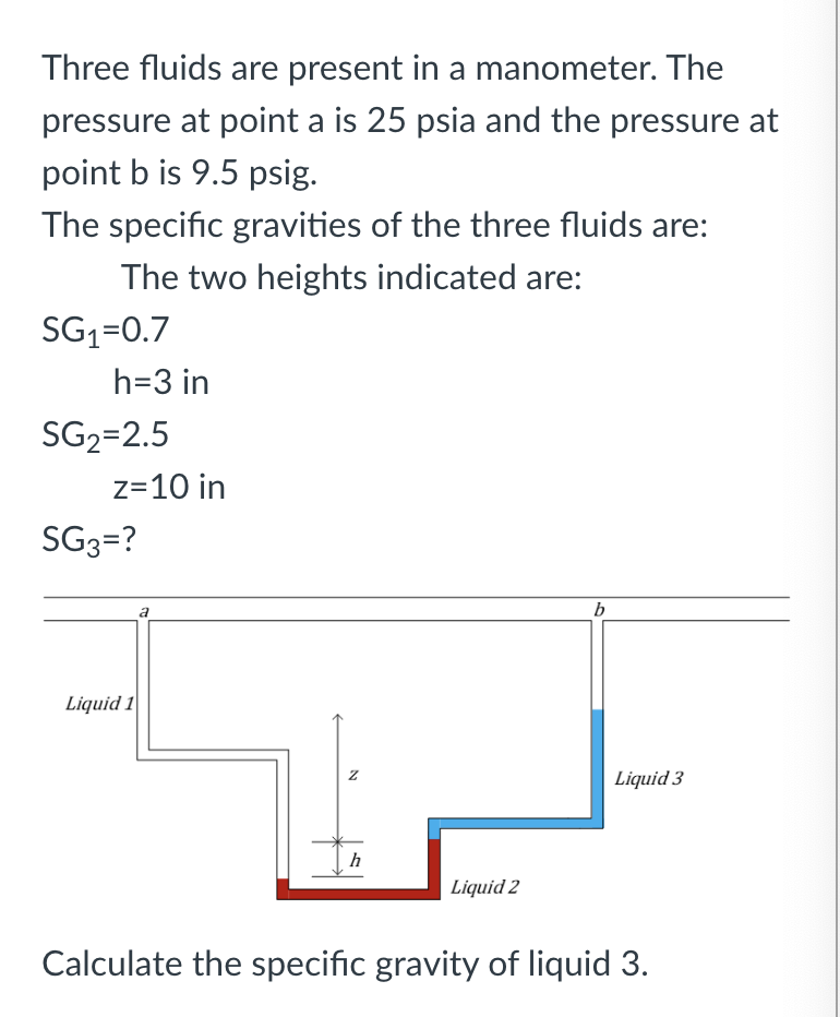 Solved Three fluids are present in a manometer. Thepressure | Chegg.com