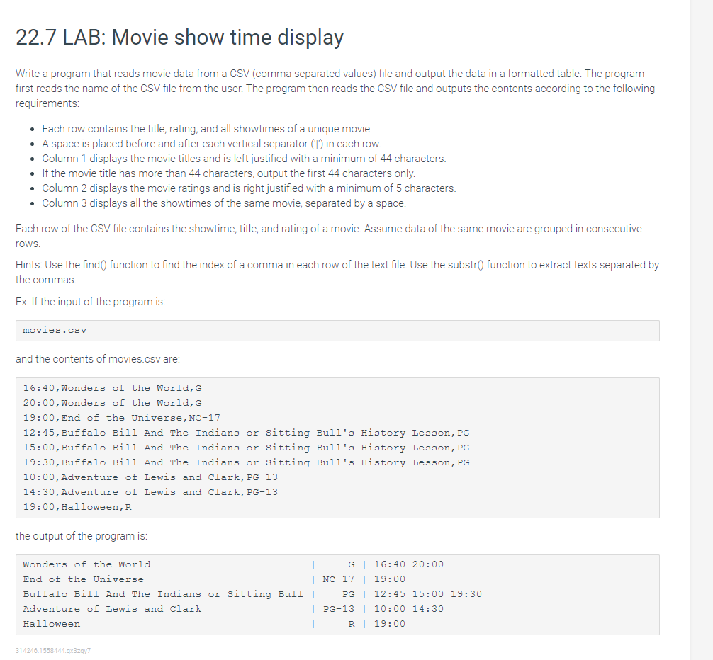Solved 22.7 LAB: Movie show time display Write a program | Chegg.com