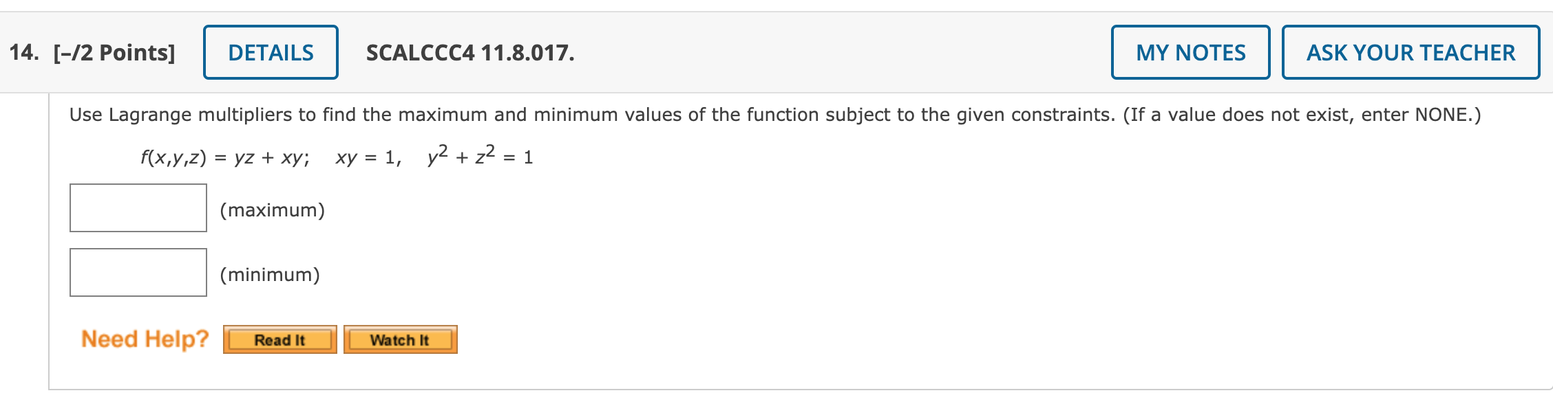 Solved [-/2 Points] SCALCCC4 11.8.017. Use Lagrange | Chegg.com