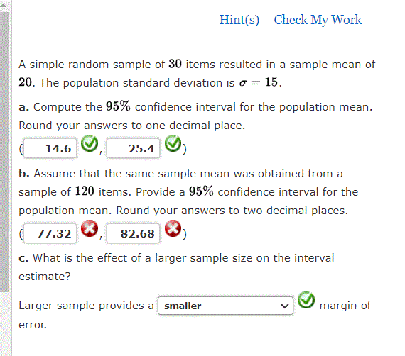 Solved Hint(s) Check My Work A simple random sample of 30 | Chegg.com