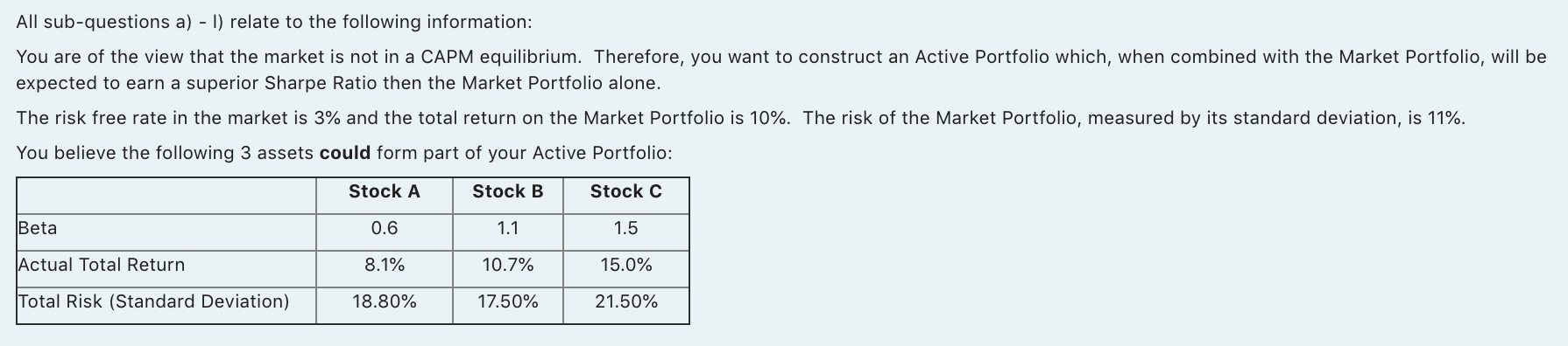 Solved STOCK A AND C IS IN THE ACTIVE PORTFOLIO e). What is | Chegg.com