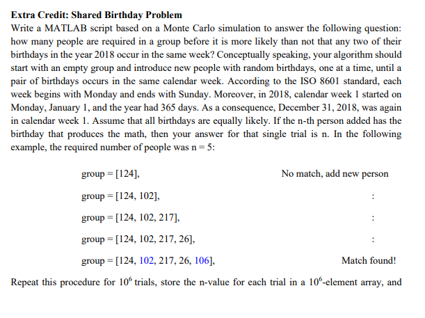 Extra Credit: Shared Birthday Problem Write a MATLAB | Chegg.com