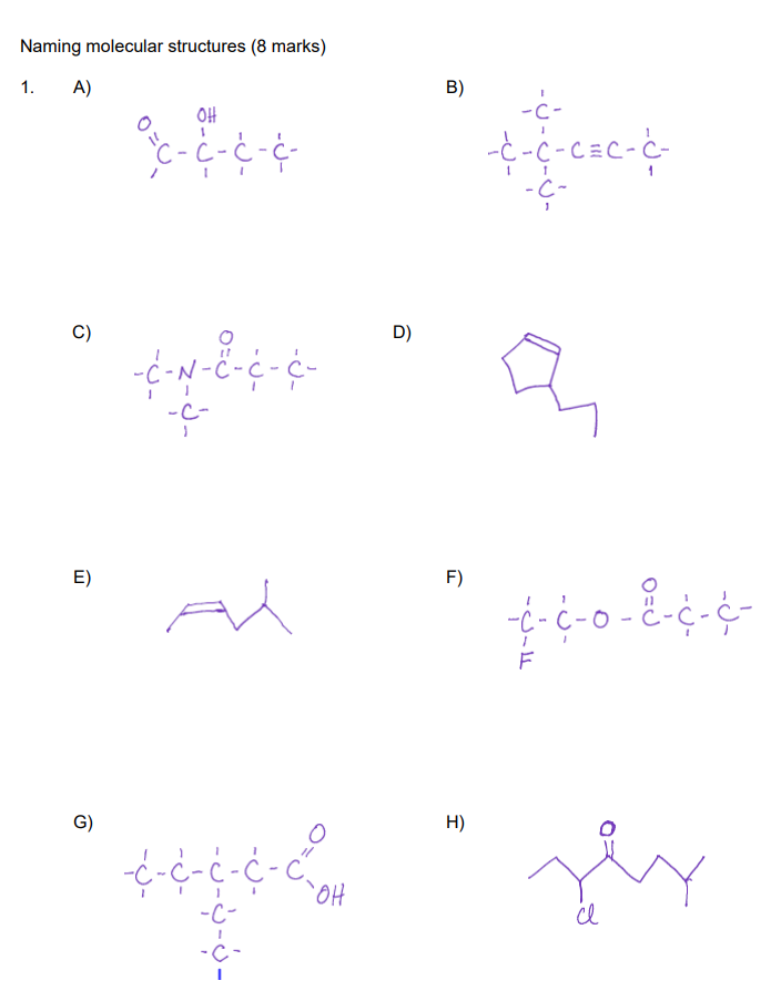 Solved Naming molecular structures (8 marks) 1. A) B) 0H 0 | Chegg.com