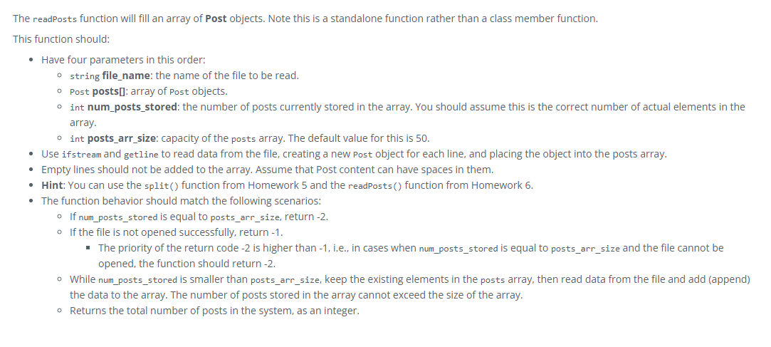 Solved 'eturn result;The readPosts function will fill an | Chegg.com
