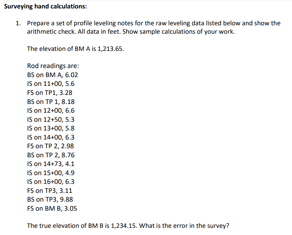 Solved Surveying hand calculations: 1. Prepare a set of | Chegg.com