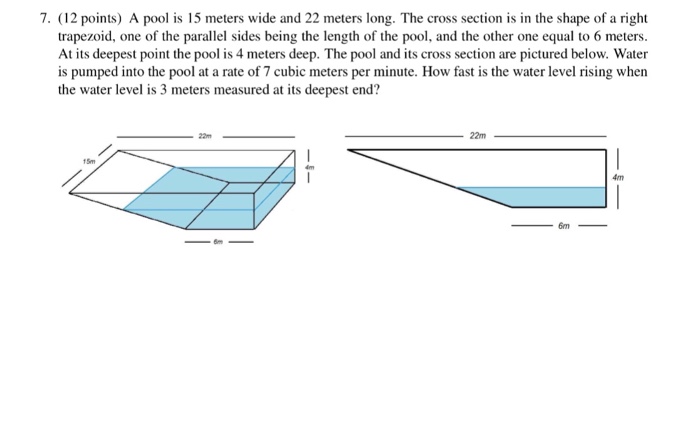Solved 7. (12 points) A pool is 15 meters wide and 22 meters | Chegg.com