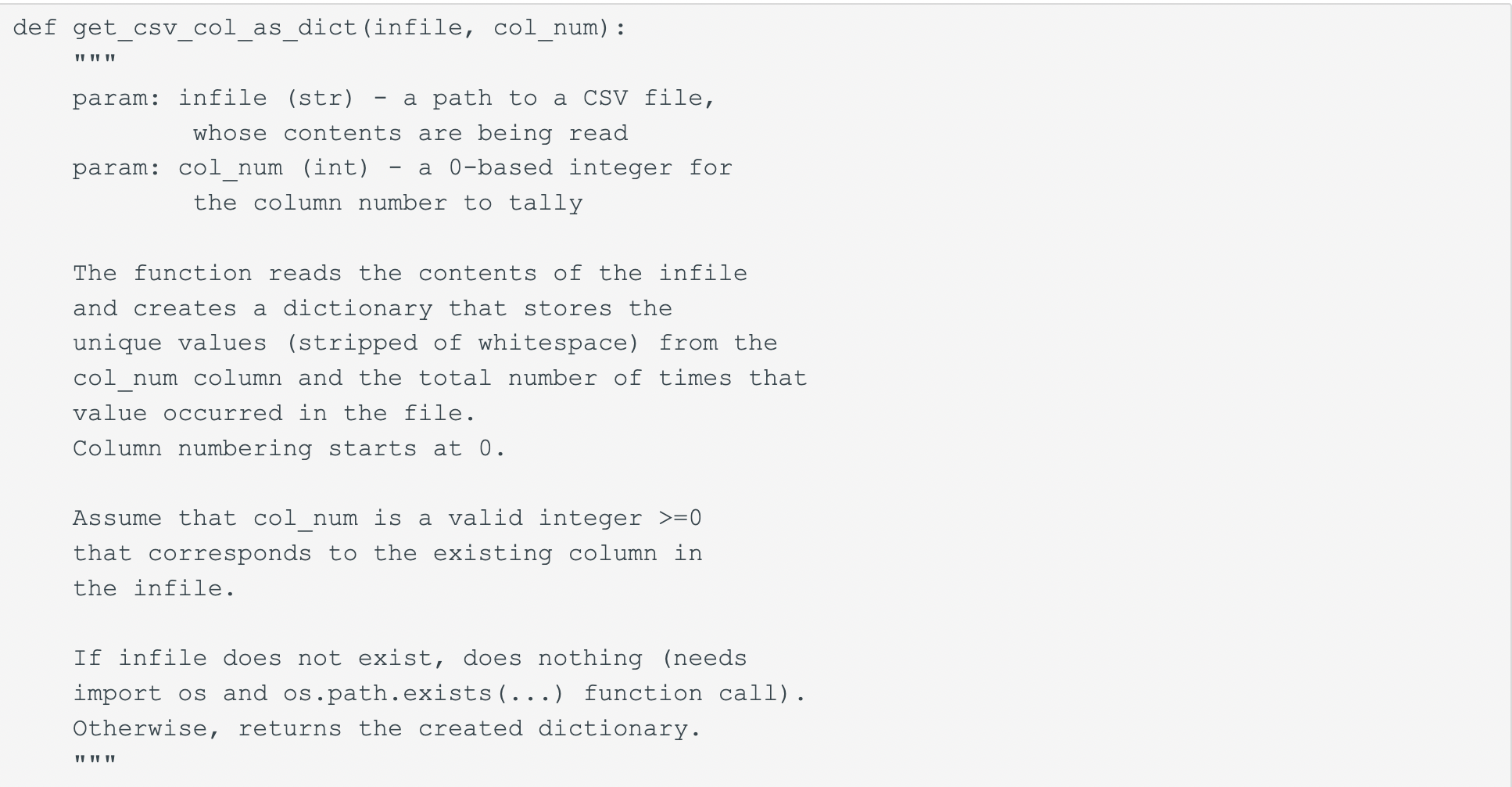 Solved ef get_csv_col_as_dict(infile, col_num) : param: | Chegg.com