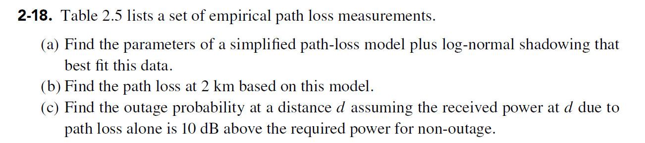 Solved 2-18. Table 2.5 lists a set of empirical path loss | Chegg.com