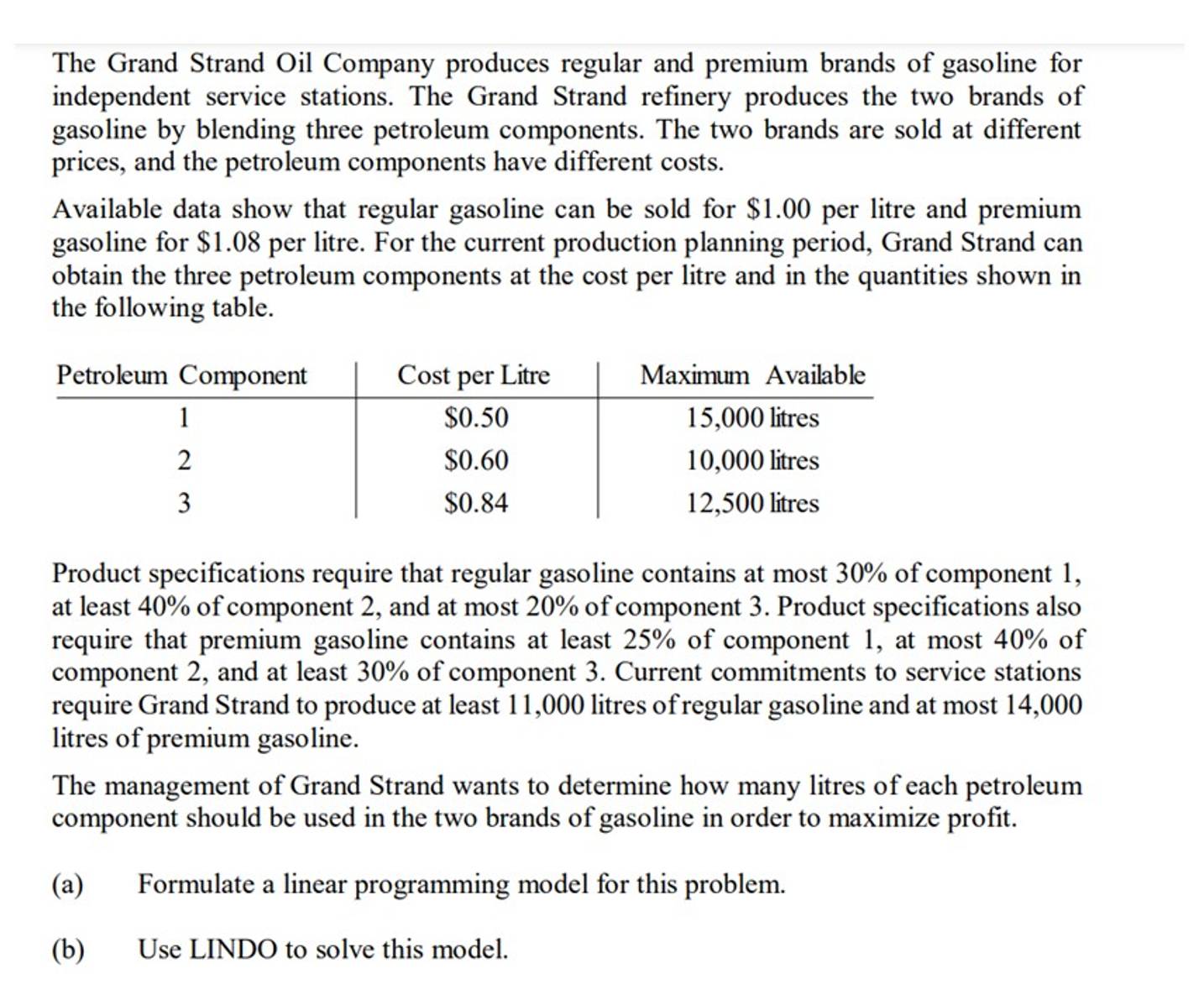 Solved The Grand Strand Oil Company produces regular and | Chegg.com