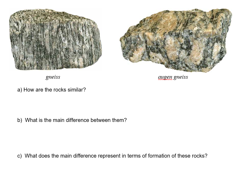 Solved gneiss augen gneiss a) How are the rocks similar? b) | Chegg.com