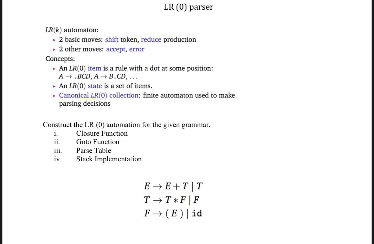 Solved LR (0) parser LR(k) automaton: 2 basic moves: shift | Chegg.com