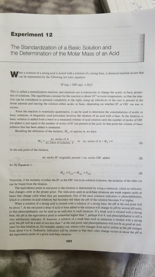 Solved Experiment 12 The Standardization of a Basic Solution | Chegg.com