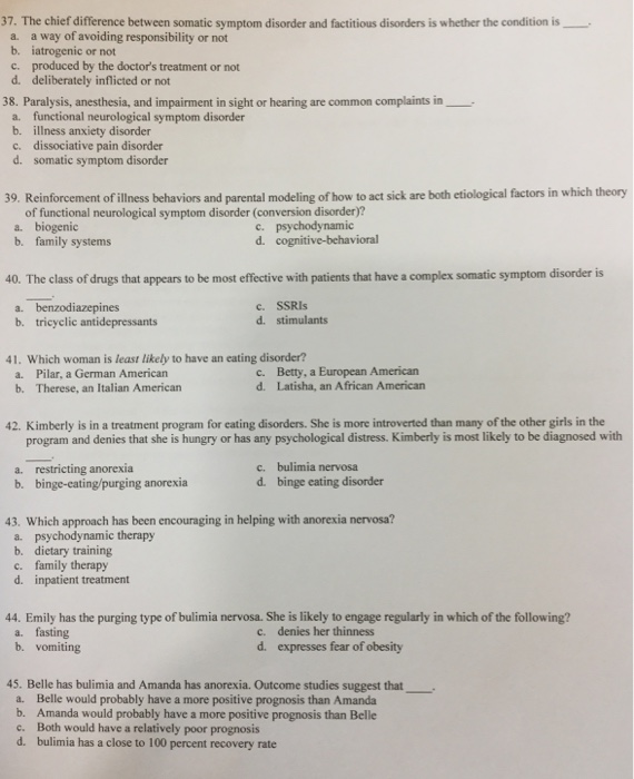 Solved 37. The chief difference between somatic symptom | Chegg.com