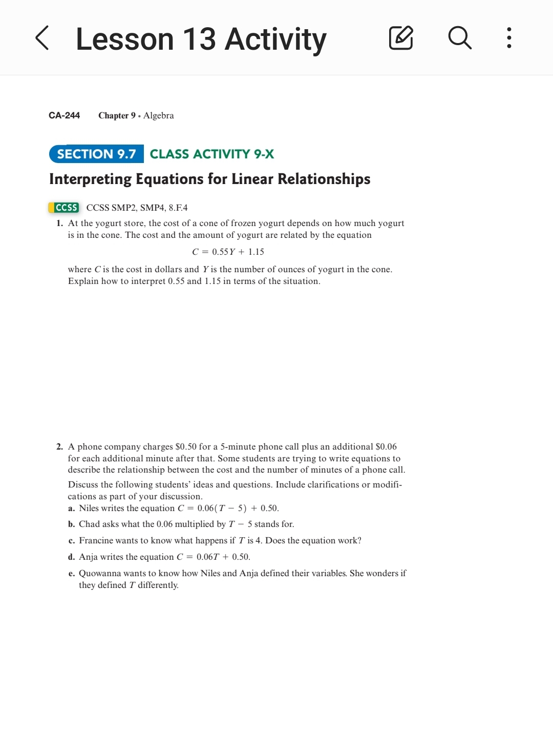 Solved Interpreting Equations for Linear Relationships CCSS | Chegg.com