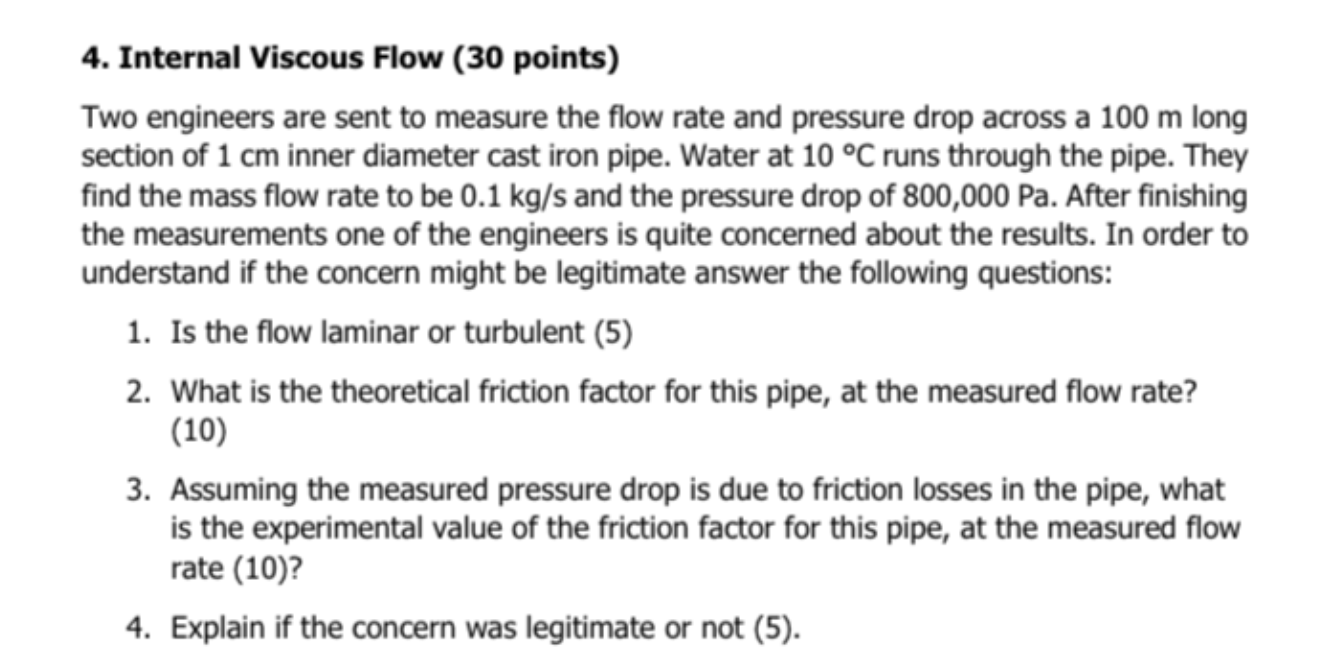 Solved 4. Internal Viscous Flow (30 points) Two engineers | Chegg.com