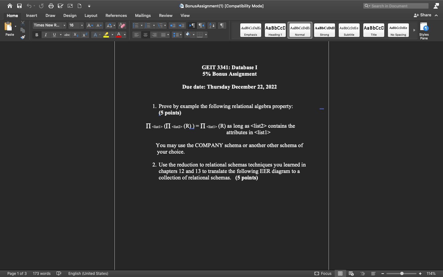Solved GEIT 3341: Database I 5% Bonus Assignment Due date: | Chegg.com
